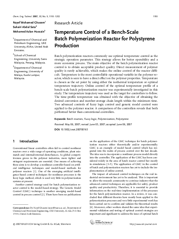 Pdf Temperature Control Of A Bench Scale Batch Polymerization Reactor For Polystyrene Production
