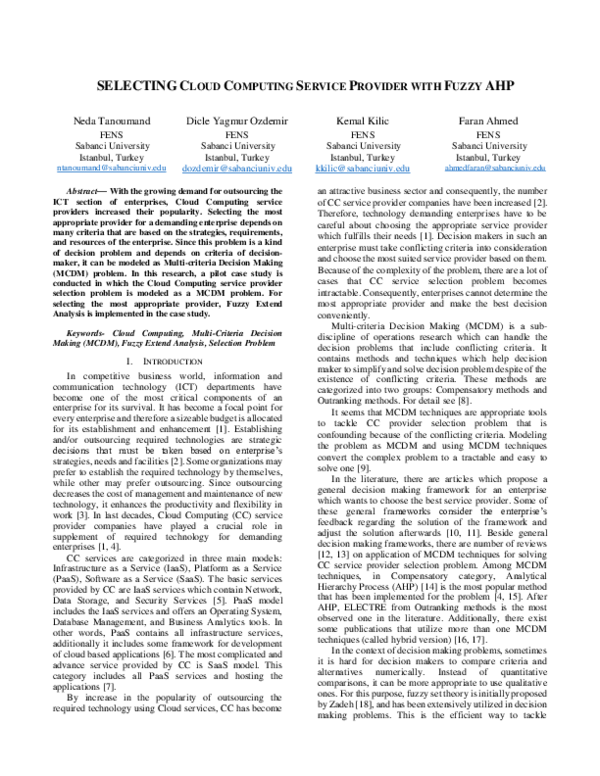 Pdf Selecting Cloud Computing Service Provider With Fuzzy Ahp Faran Ahmed