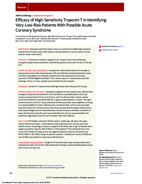 (PDF) Efficacy of High-Sensitivity Troponin T in Identifying Very-Low ...