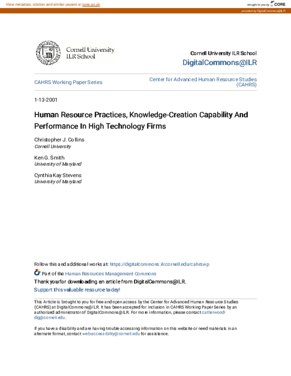 (PDF) Human resource practices, knowledge-creation capability and performance in high technology ...