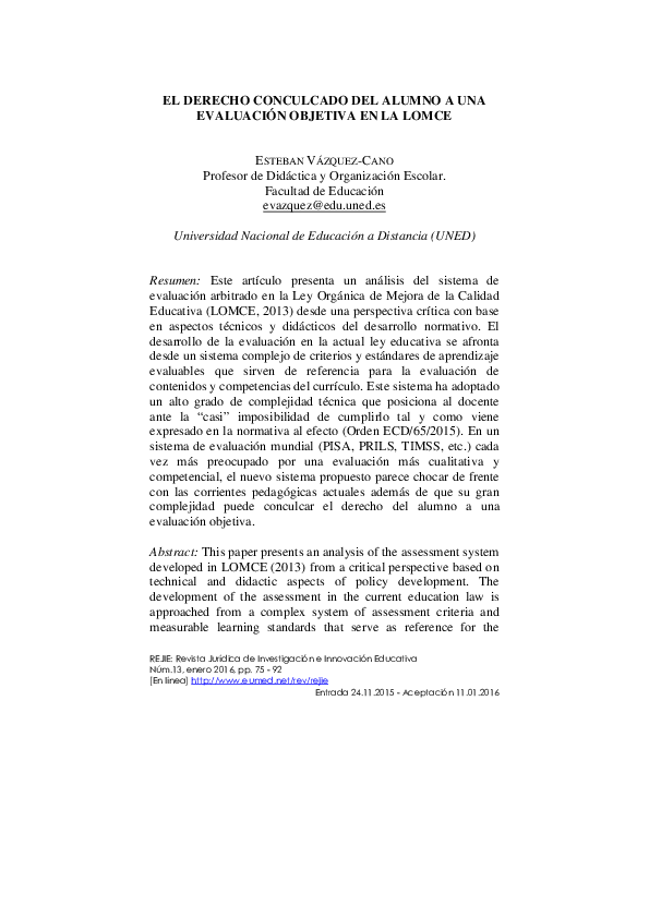 (PDF) El Derecho conculcado del alumno a una evaluación objetiva en la LOMCE
