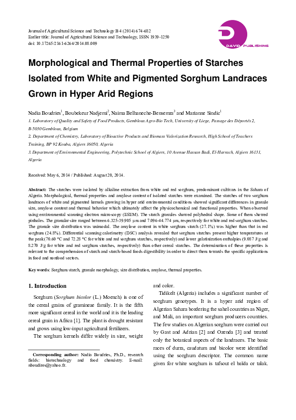 (PDF) Morphological and Thermal Properties of Starches Isolated from White and Pigmented Sorghum ...