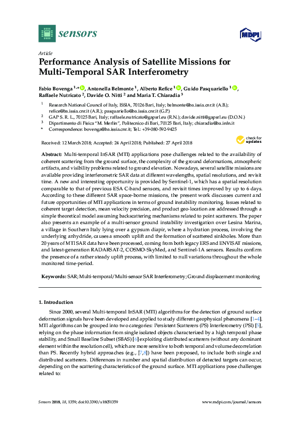 Pdf Performance Analysis Of Satellite Missions For Multi Temporal Sar Interferometry