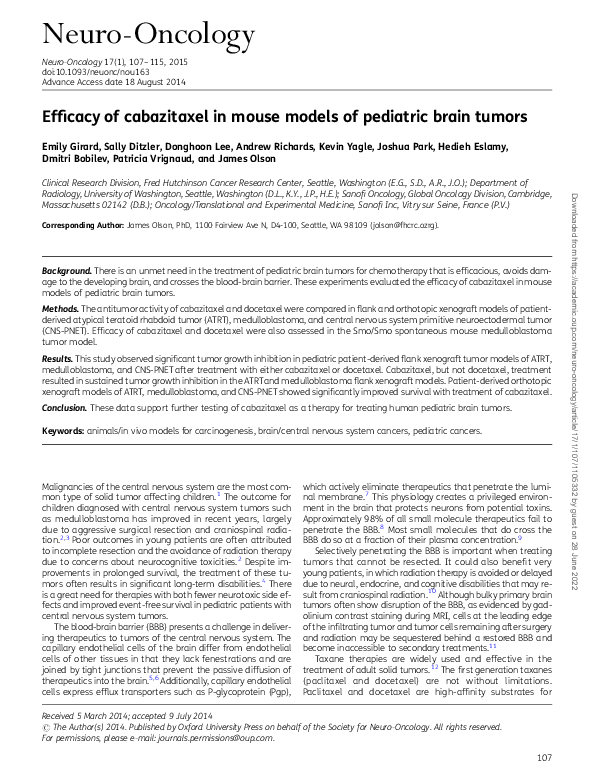 (PDF) Efficacy of cabazitaxel in mouse models of pediatric brain tumors