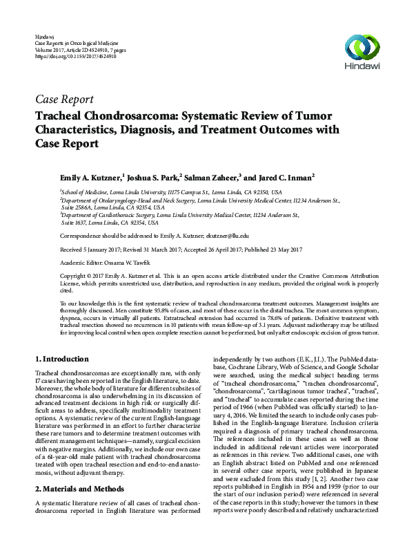 (PDF) Tracheal Chondrosarcoma: Systematic Review of Tumor ...