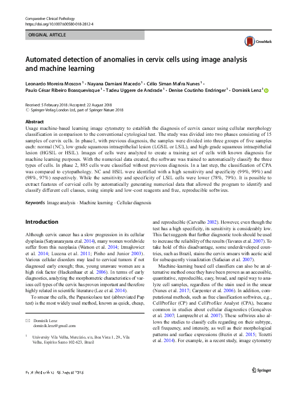 Pdf Automated Detection Of Anomalies In Cervix Cells Using Image Analysis And Machine Learning