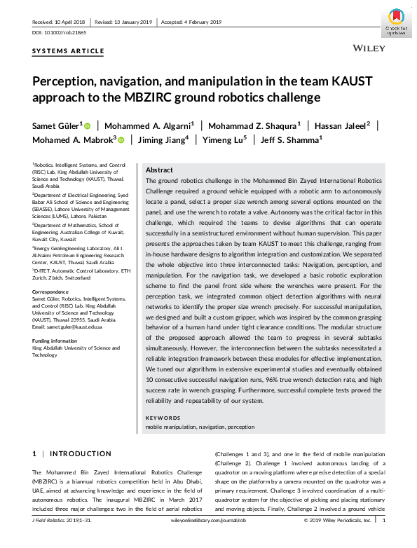 (PDF) Perception, navigation, and manipulation in the team KAUST approach to the MBZIRC ground ...