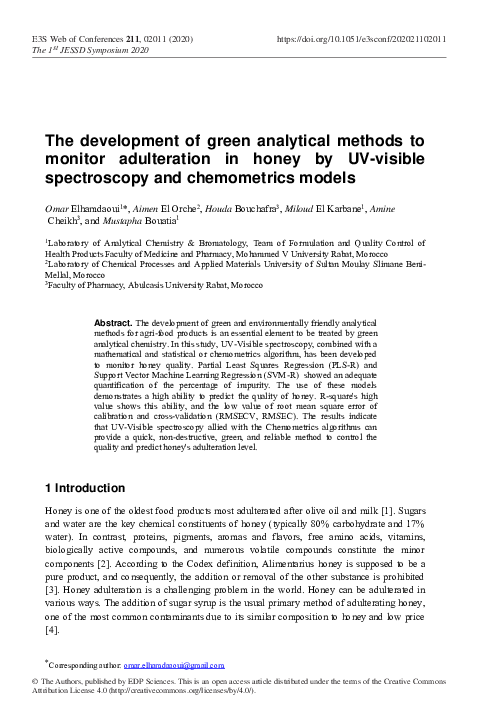 Pdf The Development Of Green Analytical Methods To Monitor Adulteration In Honey By Uv Visible