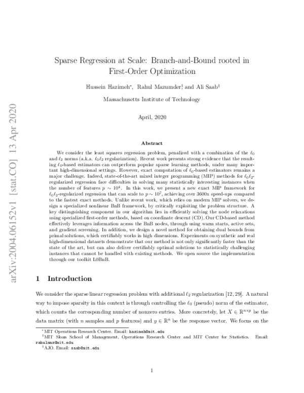 Pdf Sparse Regression At Scale Branch And Bound Rooted In First