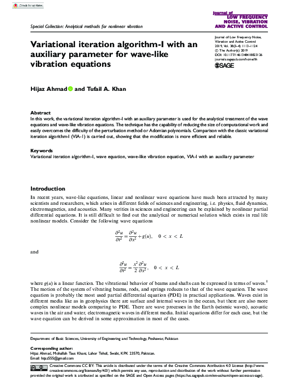 Pdf Variational Iteration Algorithm I With An Auxiliary Parameter For