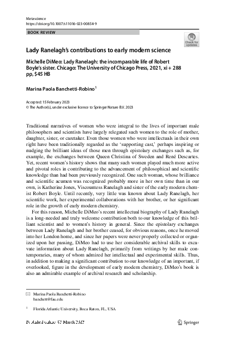 (PDF) Lady Ranelagh's Contribution to Early Modern Science