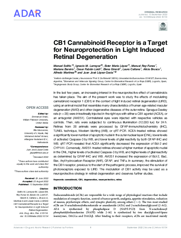 (PDF) CB1 Cannabinoid Receptor is a Target for Neuroprotection in Light Induced Retinal Degeneration