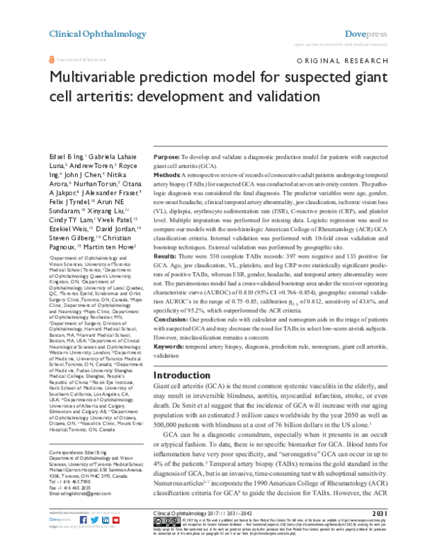 (PDF) Multivariable prediction model for suspected giant cell arteritis: development and validation