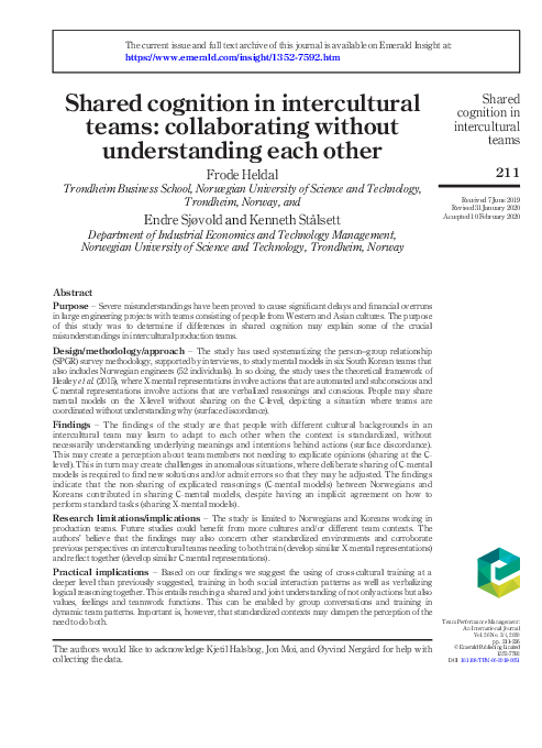 (PDF) Shared cognition in intercultural teams: collaborating without understanding each other