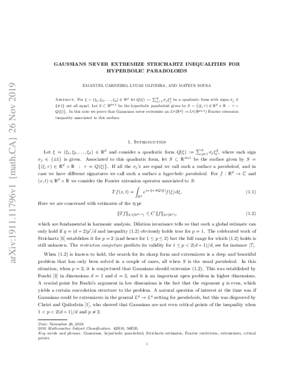 (PDF) Gaussians never extremize Strichartz inequalities for hyperbolic paraboloids