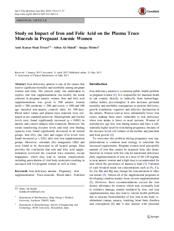 (PDF) Study on Impact of Iron and Folic Acid on the Plasma Trace Minerals in Pregnant Anemic Women