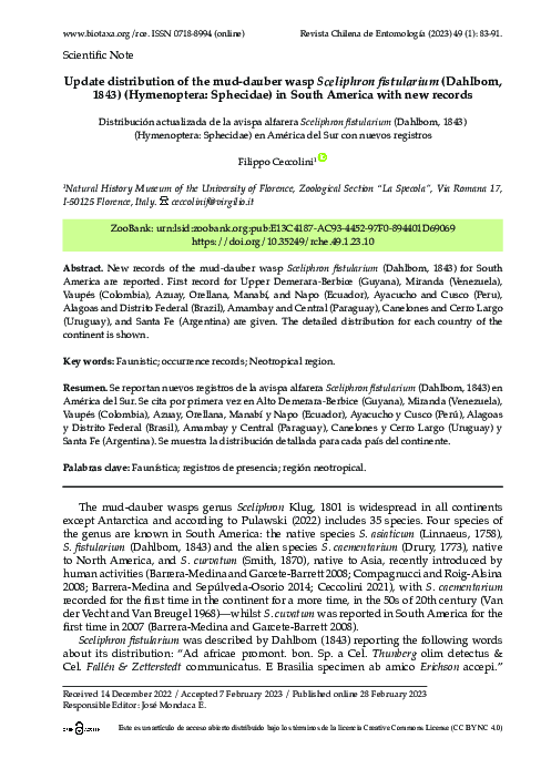 (PDF) Update distribution of the mud-dauber wasp Sceliphron fistularium ...
