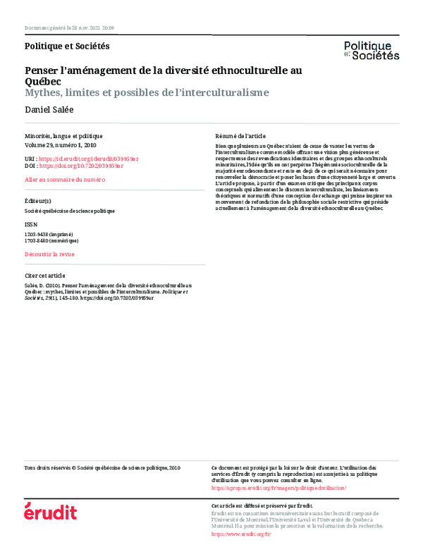 (PDF) Penser l’aménagement de la diversité ethnoculturelle au Québec