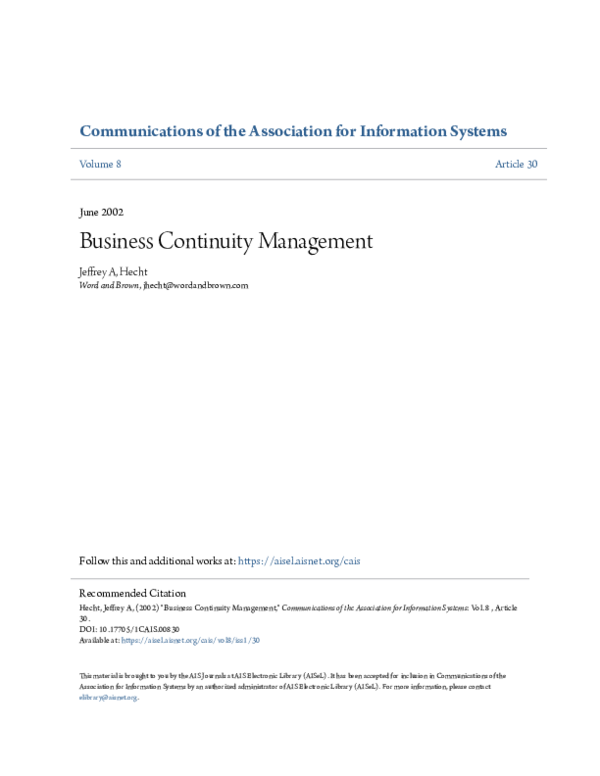 (PDF) Business Continuity Management (PDF) Business Continuity Management