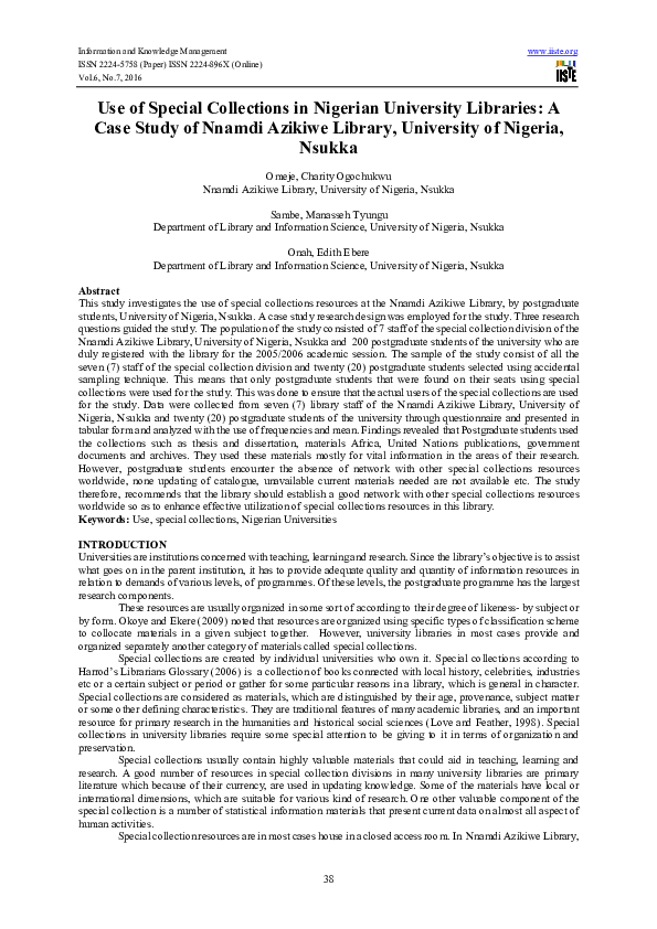 (PDF) Use of Special Collections in Nigerian University Libraries: A ...