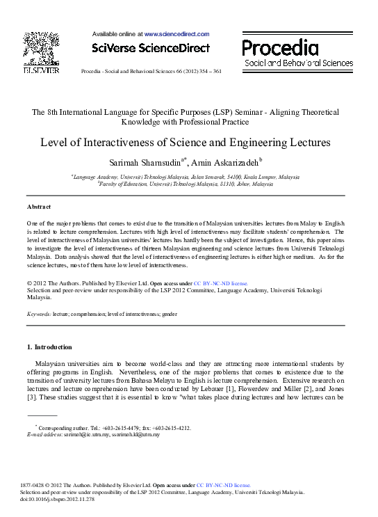 (PDF) Level of Interactiveness of Science and Engineering Lectures