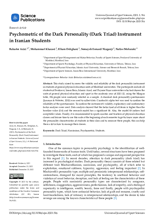 (PDF) Psychometric of the Dark Personality (Dark Triad) Instrument in ...