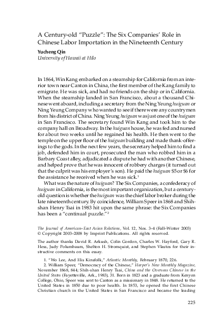 (PDF) A Century-old “Puzzle”: The Six Companies' Role in Chinese Labor ...