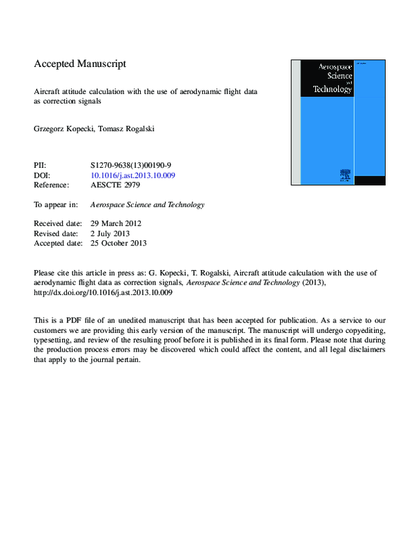 (PDF) Aircraft attitude calculation with the use of aerodynamic flight ...