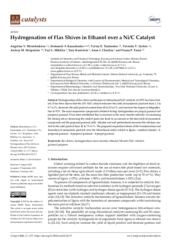 (PDF) Hydrogenation of Flax Shives in Ethanol over a Ni/C Catalyst