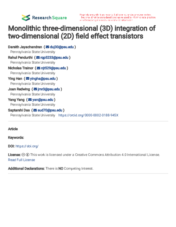 Pdf Monolithic Three Dimensional 3d Integration Of Two Dimensional 2d Field Effect Transistors