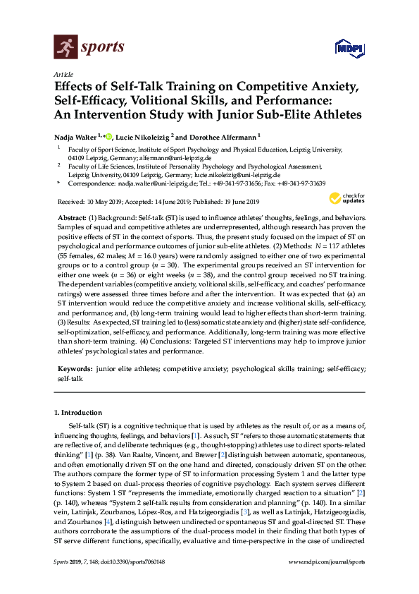 (PDF) Effects of Self-Talk Training on Competitive Anxiety, Self ...