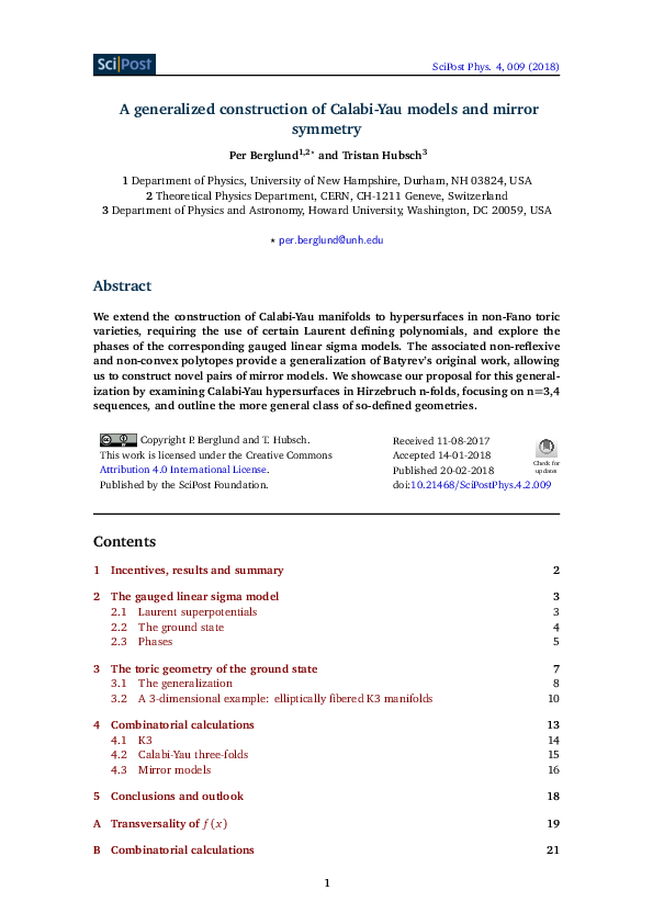 (PDF) A Generalized Construction of Calabi-Yau Models and Mirror Symmetry