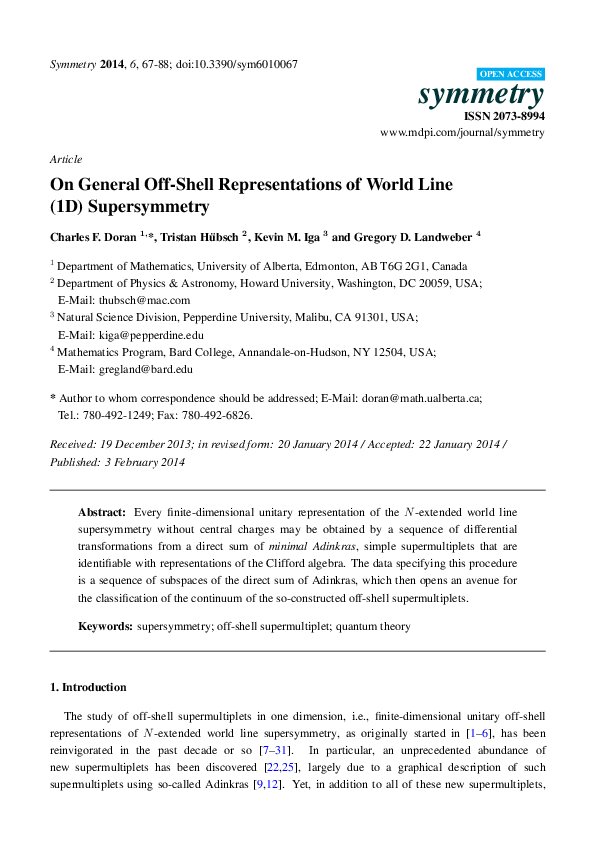 (PDF) On General Off-Shell Representations ofWorld Line (1D) Supersymmetry