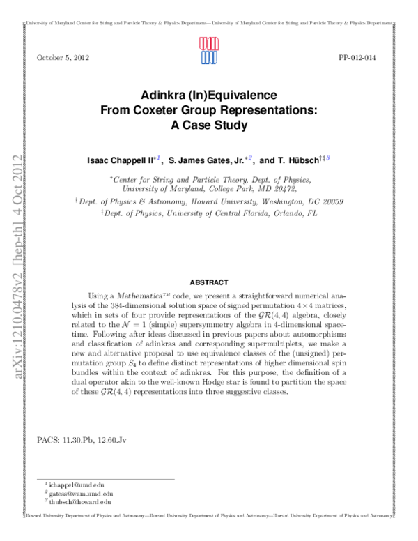 (PDF) Adinkra (in)equivalence from Coxeter group representations: A case study