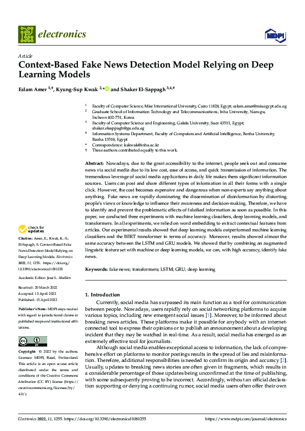 Pdf Context Based Fake News Detection Model Relying On Deep Learning Models