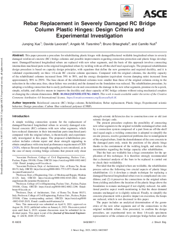 (PDF) Rebar Replacement in Severely Damaged RC Bridge Column Plastic ...
