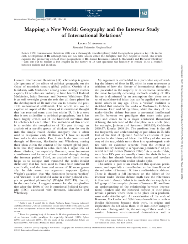 (PDF) Mapping a New World: Geography and the Interwar Study of International Relations