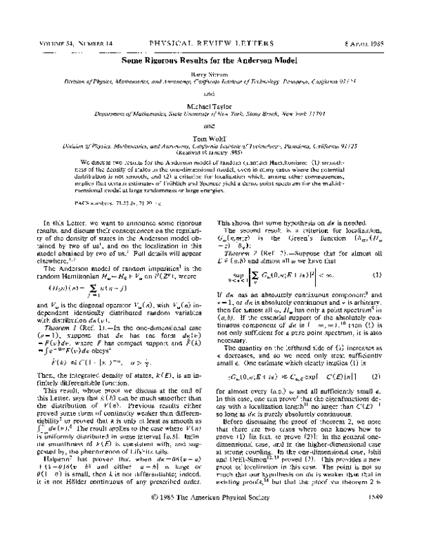 (PDF) Some Rigorous Results for the Anderson Model