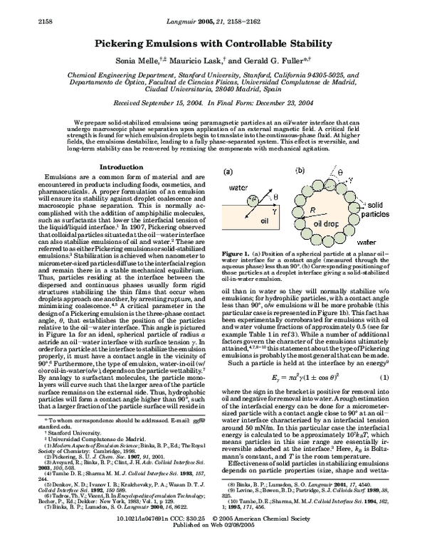 (PDF) Pickering Emulsions with Controllable Stability