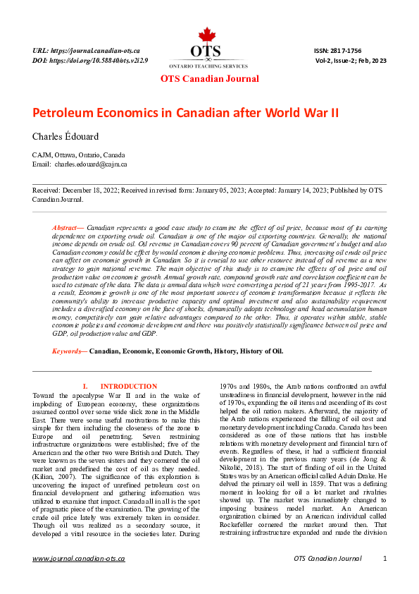(PDF) Petroleum Economics in Canadian after World War II