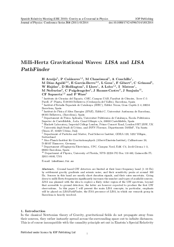(PDF) Milli-Hertz Gravitational Waves: LISA and LISA PathFinder