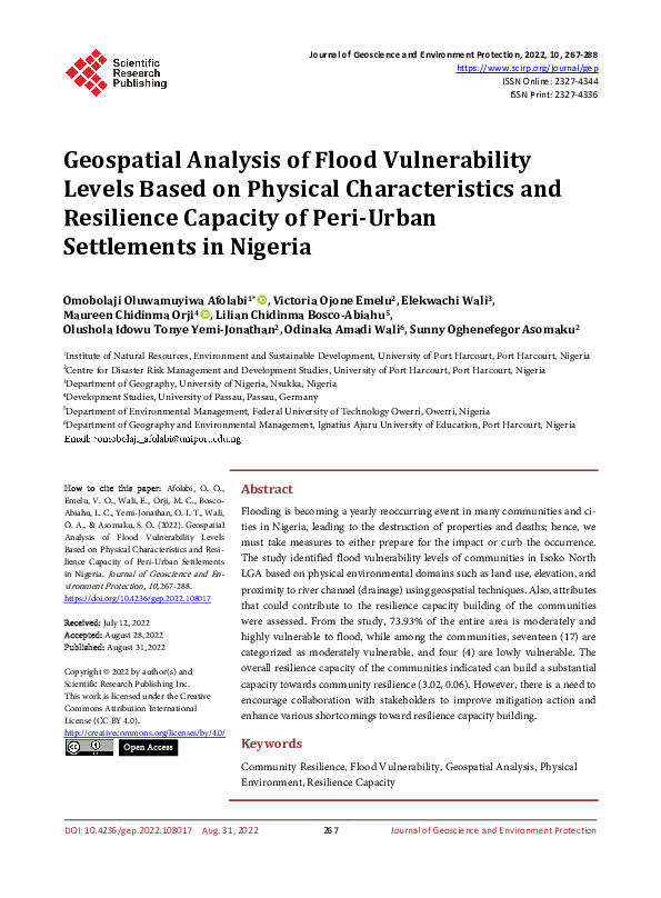 (PDF) Geospatial Analysis of Flood Vulnerability Levels Based on Physical Characteristics and ...