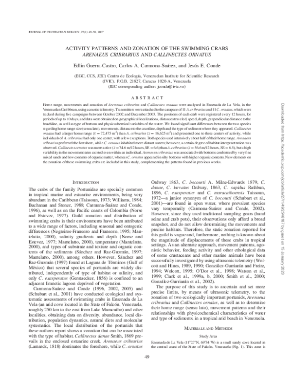 (PDF) Activity Patterns and Zonation of the Swimming Crabs Arenaeus ...