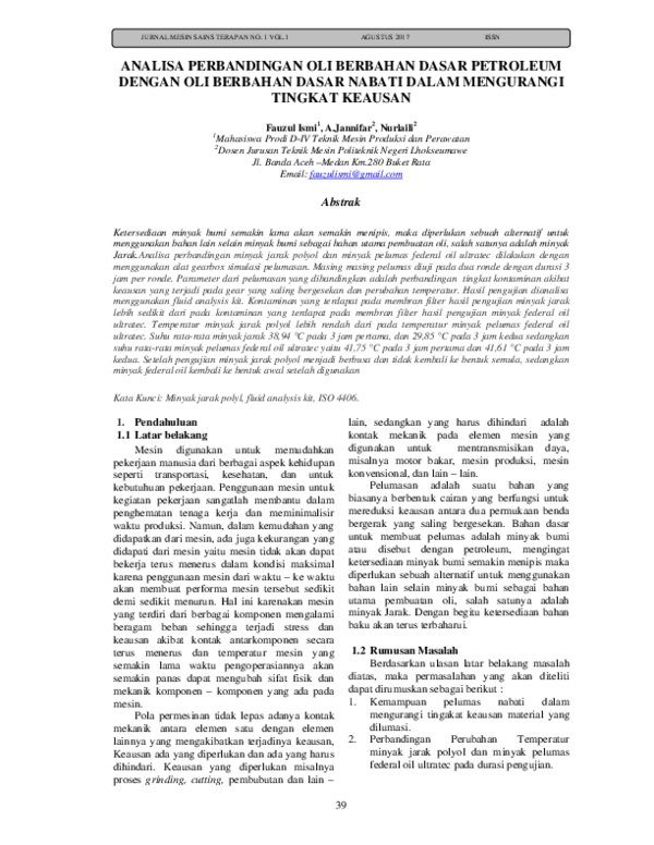 (PDF) Analisa Perbandingan Oli Berbahan Dasar Petroleum Dengan Oli ...