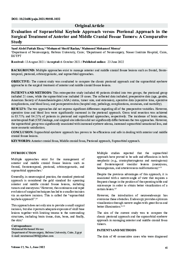 (PDF) Evaluation of Supraorbital Keyhole approach versus Pterional ...