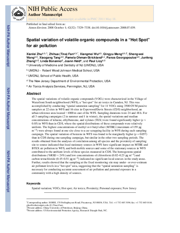 (PDF) Spatial variation of volatile organic compounds in a “Hot Spot ...