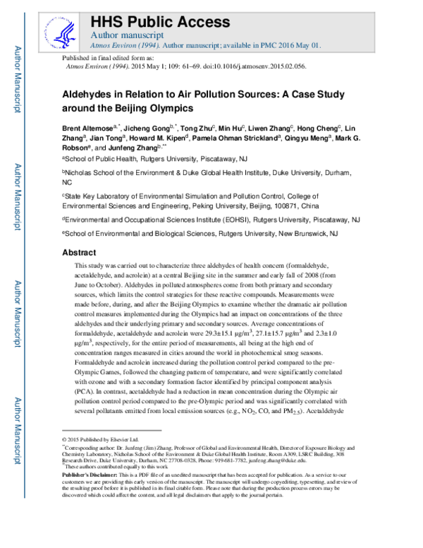 (PDF) Aldehydes in relation to air pollution sources: A case study around the Beijing Olympics