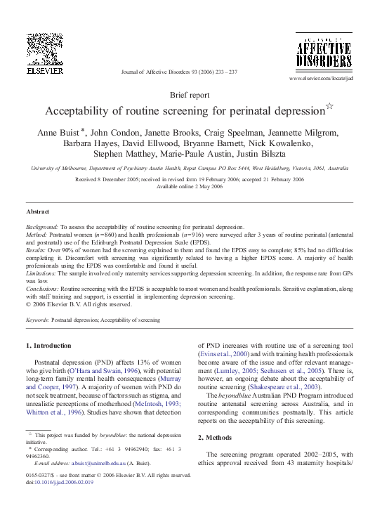 (PDF) Acceptability of routine screening for perinatal depression