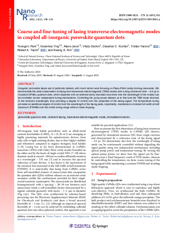 (PDF) Coarse and fine-tuning of lasing transverse electromagnetic modes in coupled all-inorganic ...