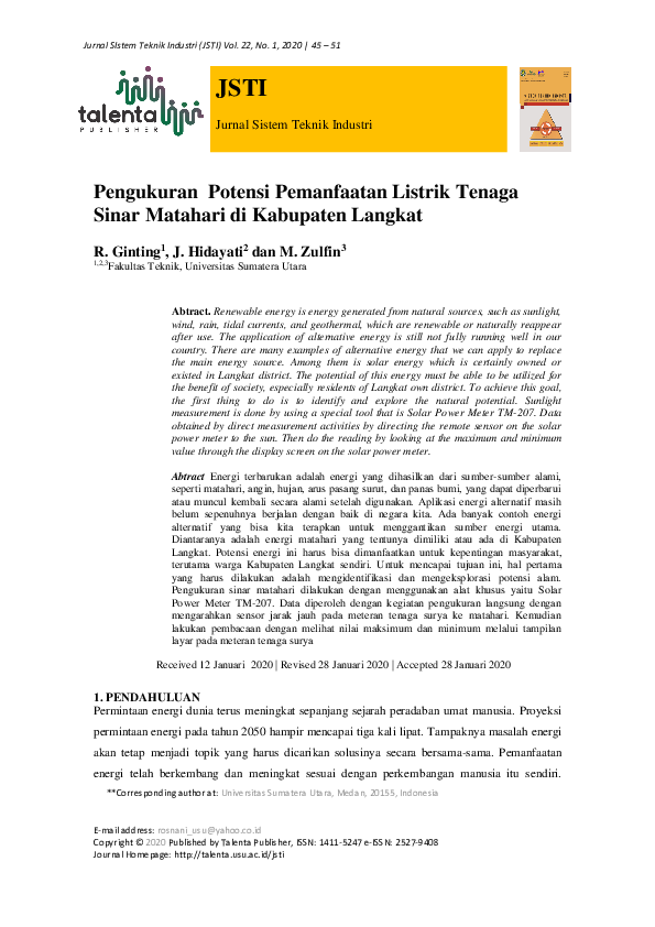 (PDF) Pengukuran Potensi Pemanfaatan Listrik Tenaga Sinar Matahari di Kabupaten Langkat ...